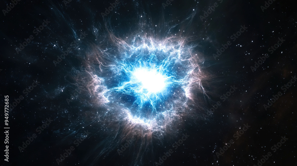 A bright and powerful supernova erupts in deep space, illuminating the ...