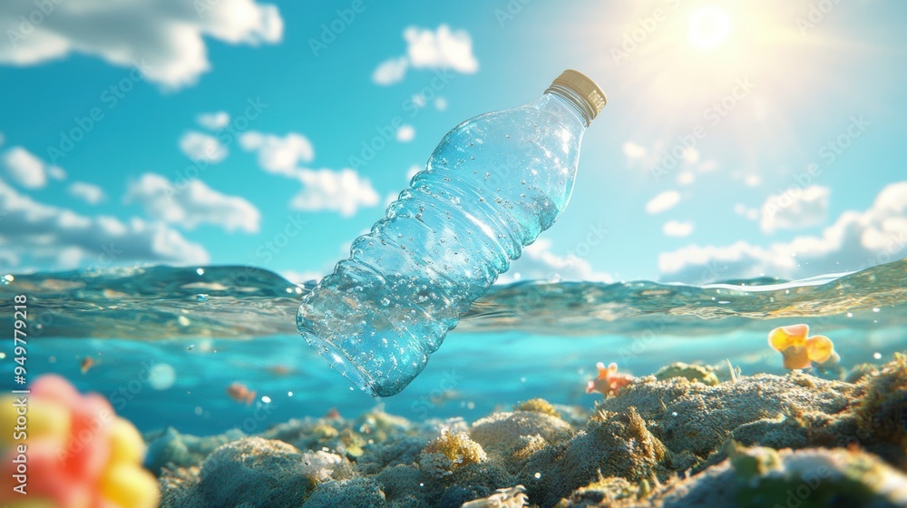 Illustration of a plastic bottle decomposing in the ocean, highlighting ...