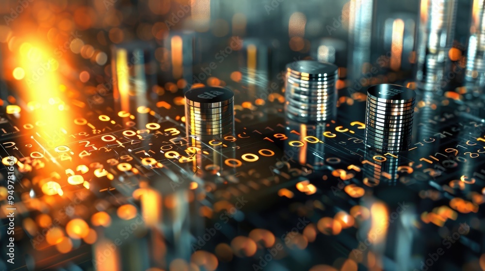 Metallic currency with rising and falling data points, the dynamic ...