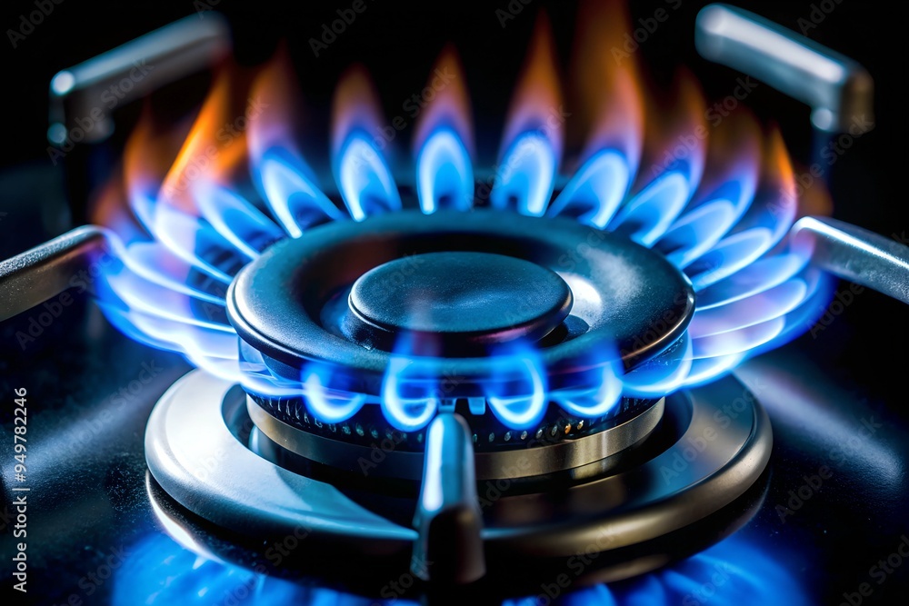 Gas blue flame. Gas stove on a black background. Natural gas ...