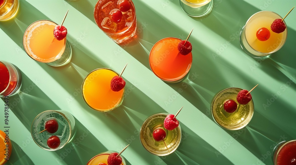 Top view cocktails topped with raspberries cherries background image ...