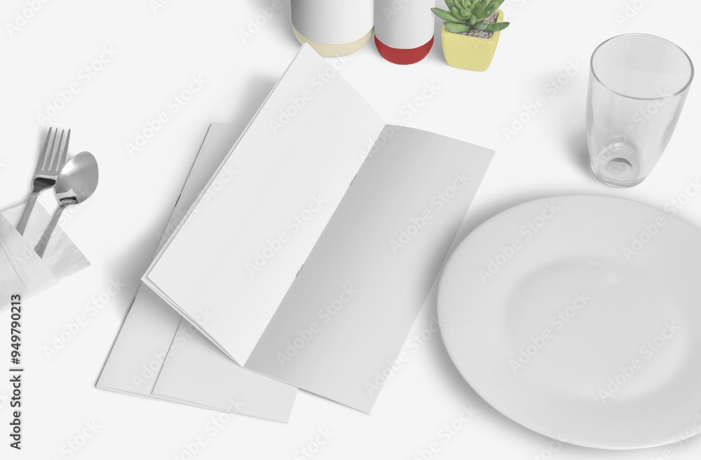 Blank white menu plate Clear brochure with sheets breakfast dinner mock ...