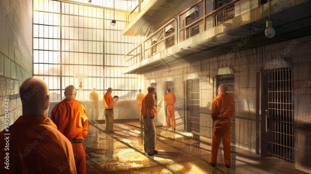 Inmates in an old prison hallway, some looking out of a window. Stock ...