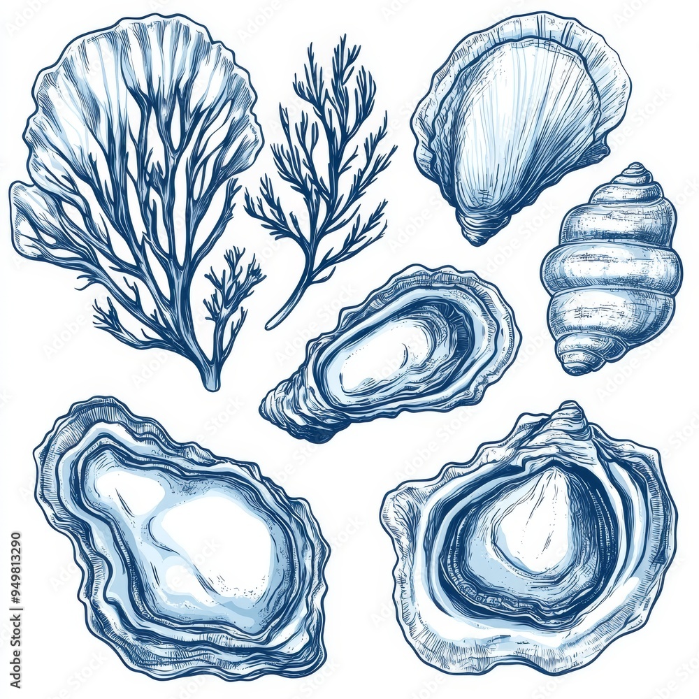 Black and white image of seashells surrounded by seaweed, showcasing ...