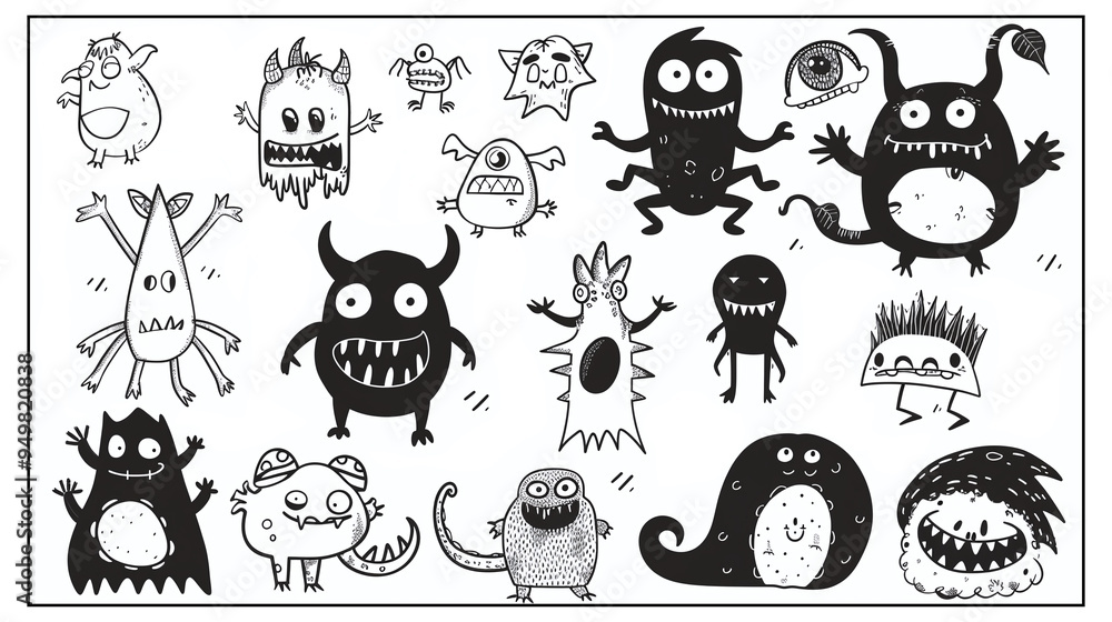 set of doodle cartoon characters color page, humor funny monster zombie ...