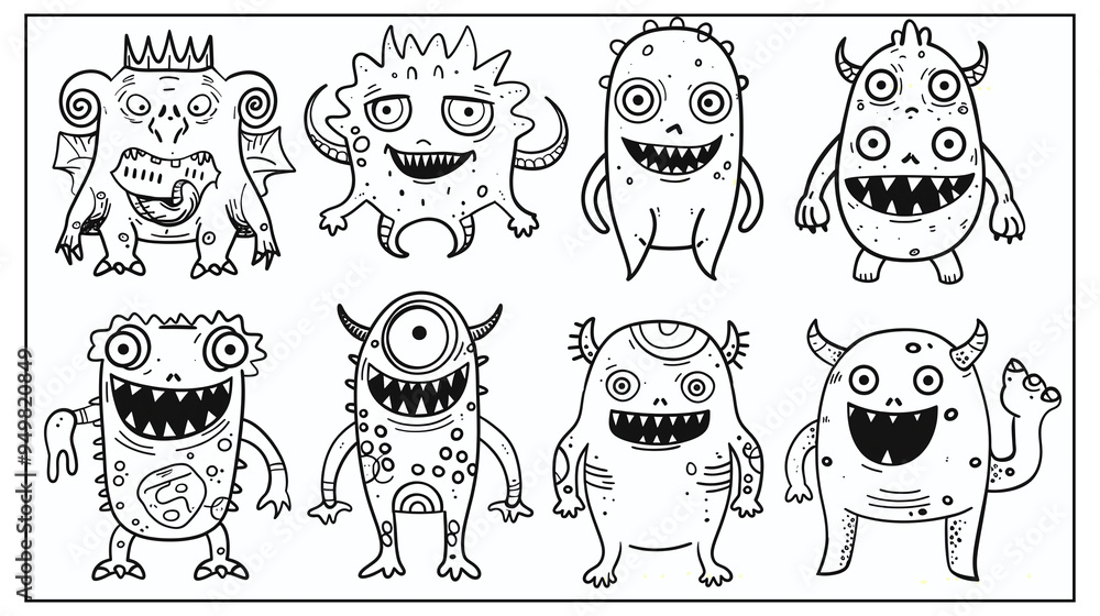 set of doodle cartoon characters color page, humor funny monster zombie ...