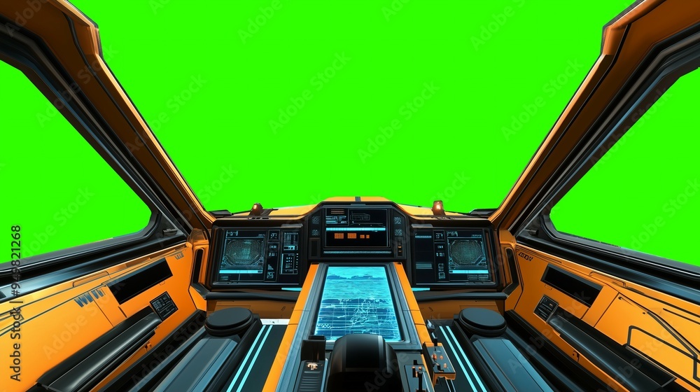 Futuristic spaceship cockpit pilot view with green screen for ...