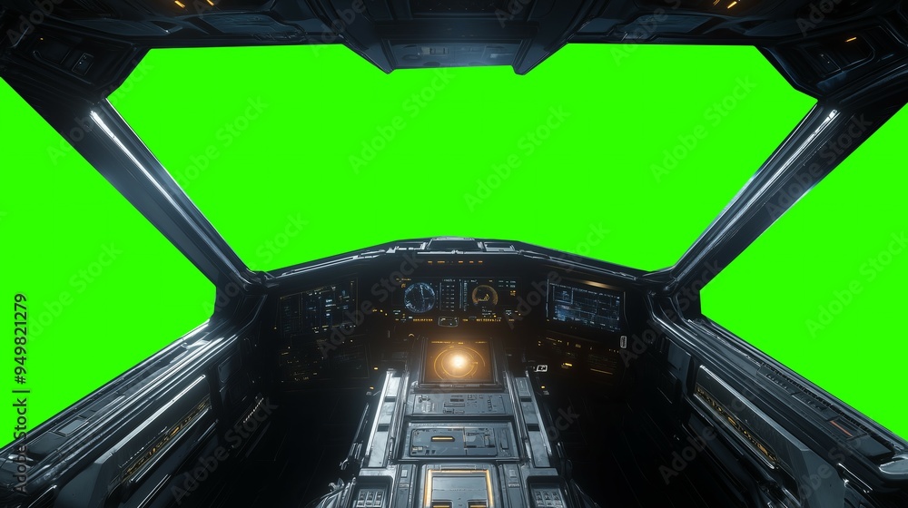 Futuristic spaceship cockpit pilot view with green screen for ...