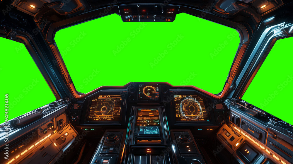Futuristic spaceship cockpit pilot view with green screen for ...