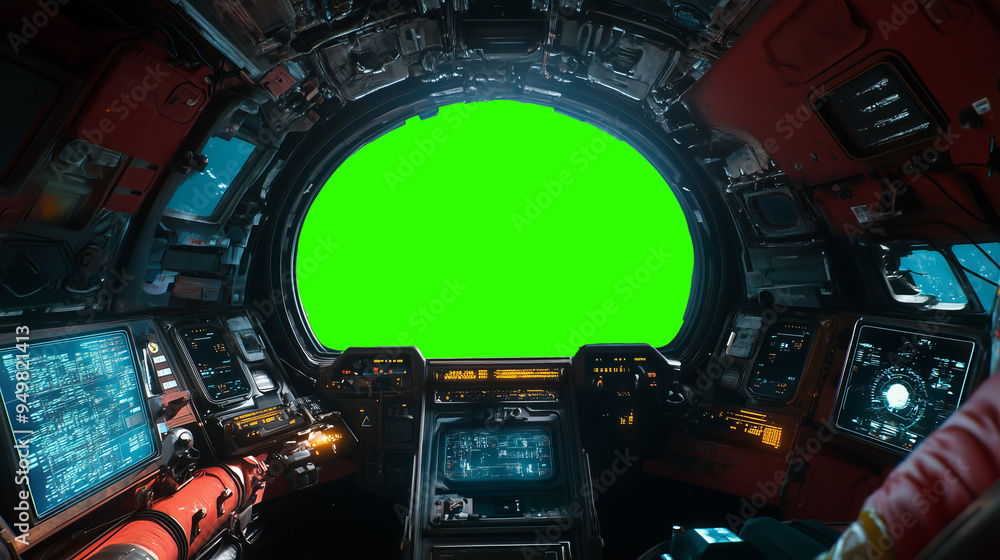 Futuristic spaceship cockpit pilot view with green screen for ...