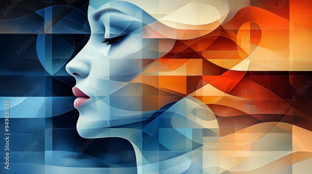 Abstract image of overlapping faces with various expressions, blending into one another ...