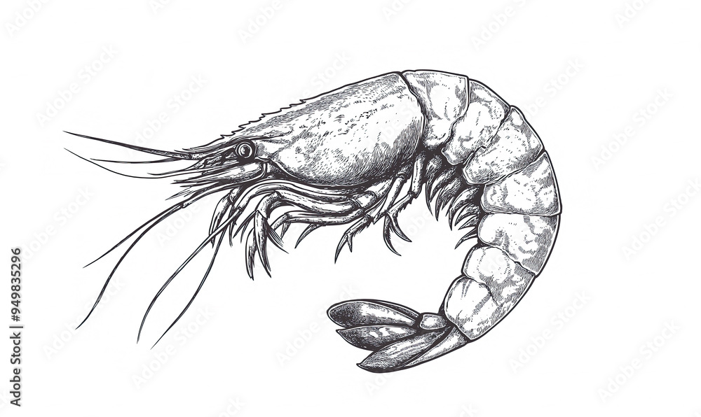 Seafood, shrimp prawn. Vintage retro print, black white seafood shrimp ...