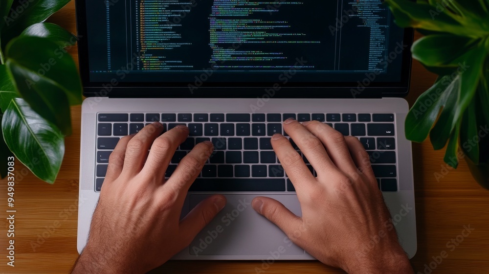 Hands typing on a keyboard with multiple code windows open, software ...