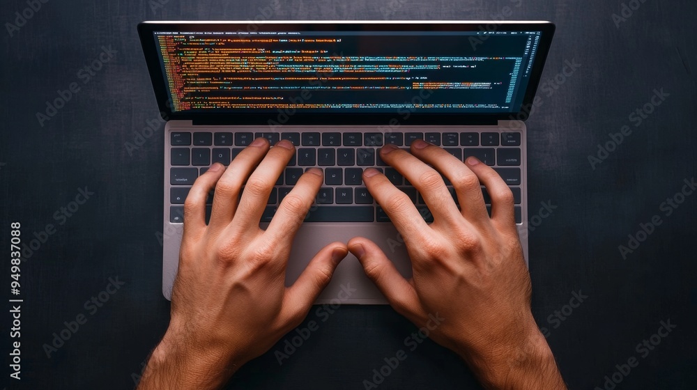 Hands typing on a mechanical keyboard with code windows open, software development process ...
