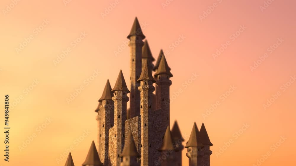 Medieval castle of many towers on sunset background 3D 4K animation ...