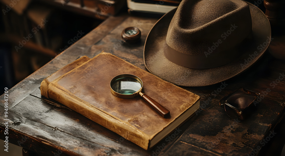 A Vintage Detective’s Desk with an Old Leather Notebook, Magnifying ...