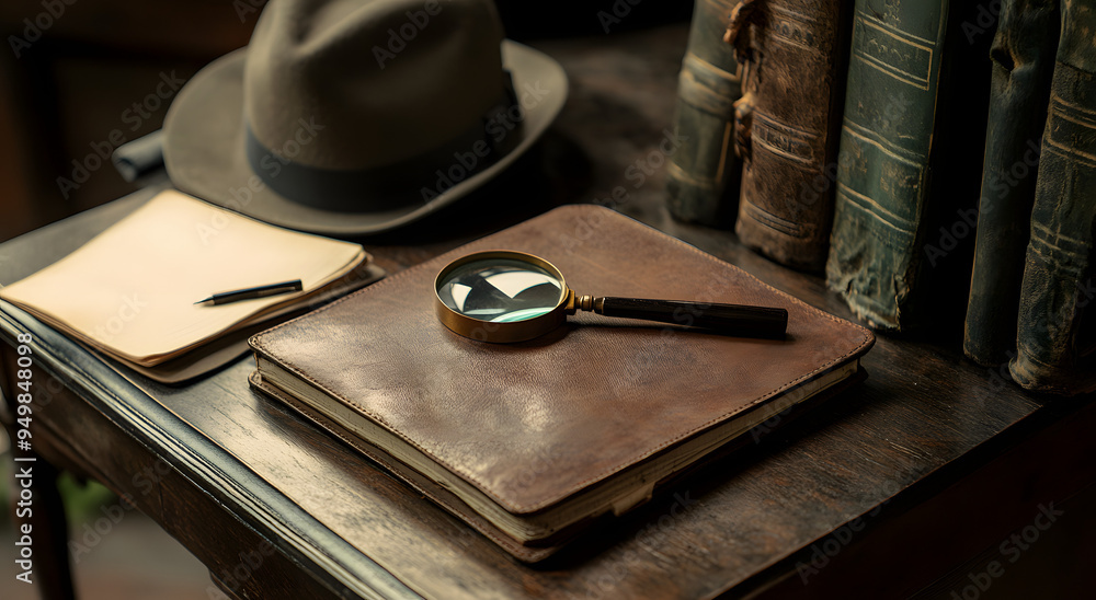 A Vintage Detective’s Desk with an Old Leather Notebook, Magnifying ...