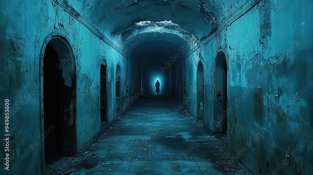 Abandoned castle interior, dark medieval palace with ghost, Halloween ...