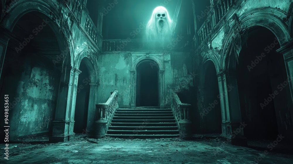 Abandoned castle interior, dark medieval palace with ghost, Halloween ...