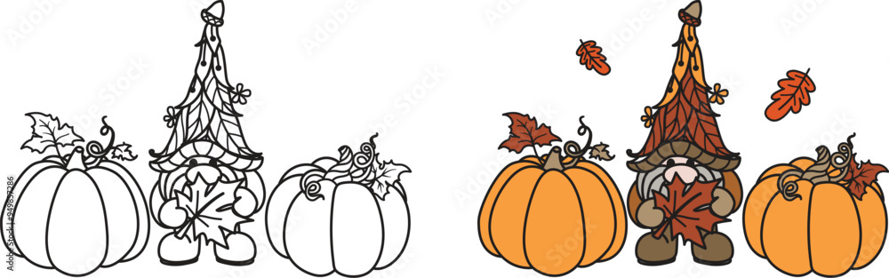 Groovy cute autumn harvest gnome holding maple leaf standing next to ...