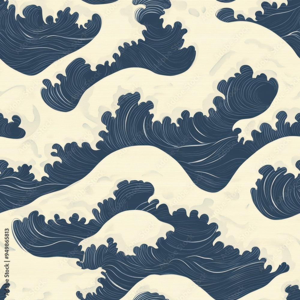 Vintage tidal wave pattern on vintage beige fabric background, seamless ...