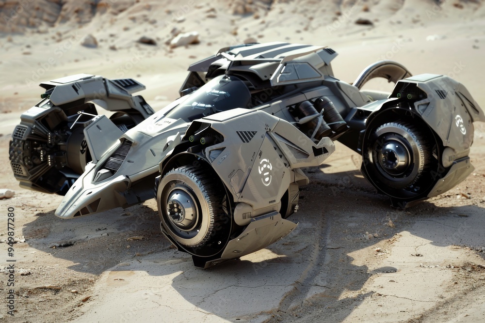 A modern, high-tech vehicle navigates through a sunlit desert ...