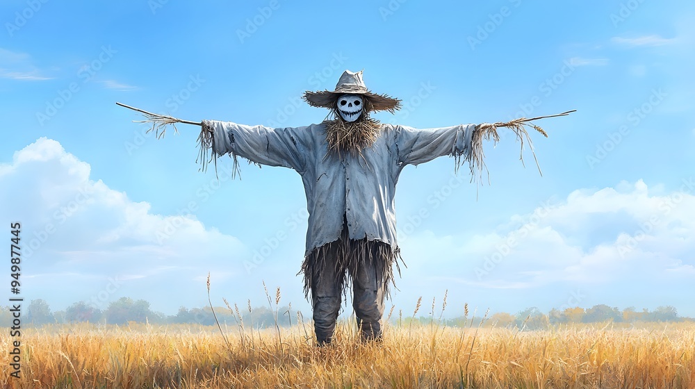 Sinister-faced scarecrow with tattered clothing and straw protruding ...