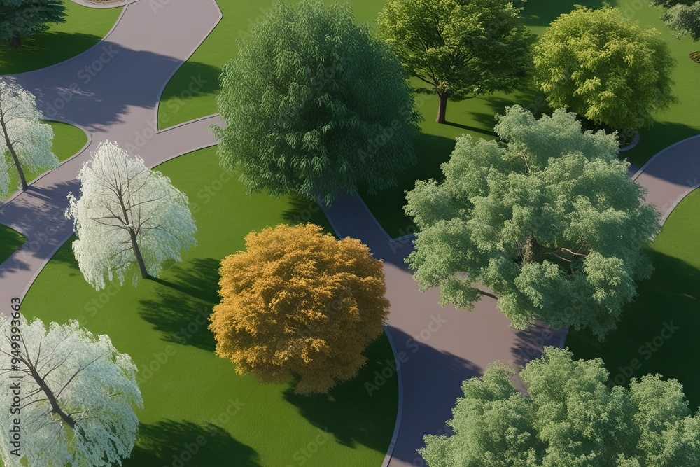 Aerial Perspective Tree Illustration of Betula pendula Salix babylonica ...