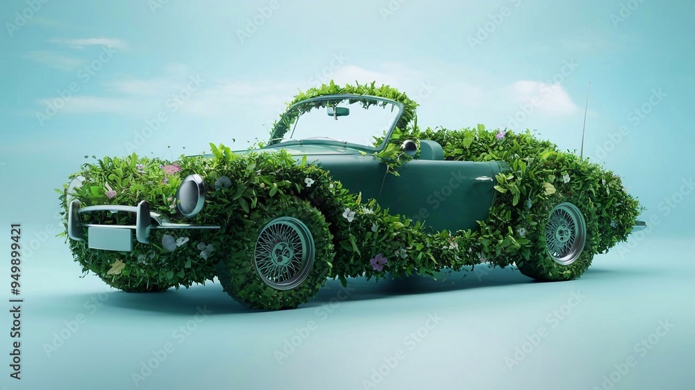 Eco Car made of green plants on a light blue background, ecological ...