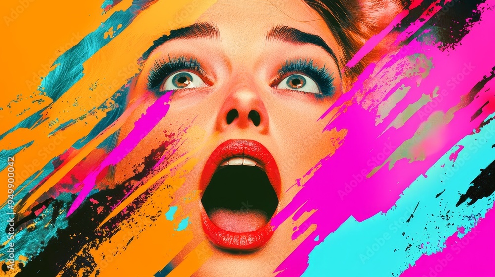 Pop art woman, gasping with wide eyes, retro color palette, dynamic ...
