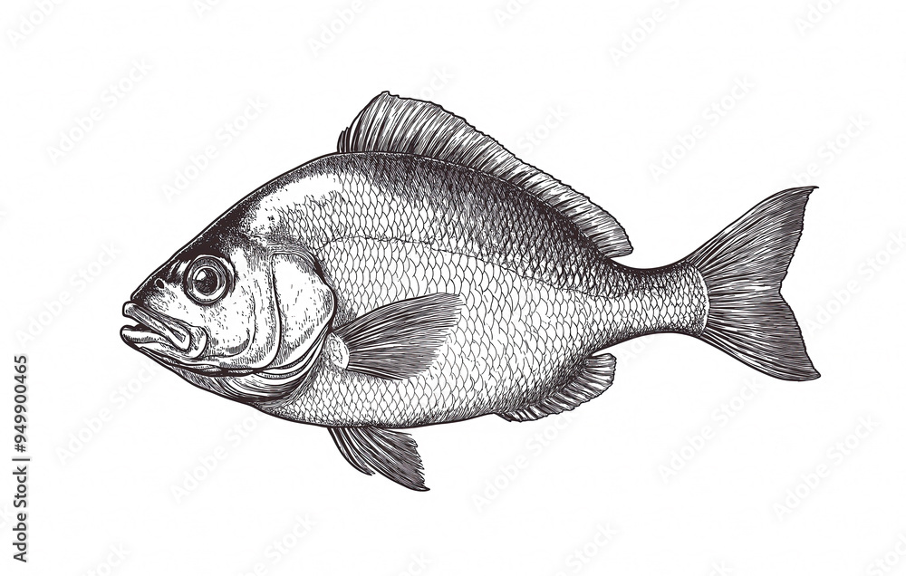 Fish sketch dorado gilt-head bream. Vintage retro print, black white ...
