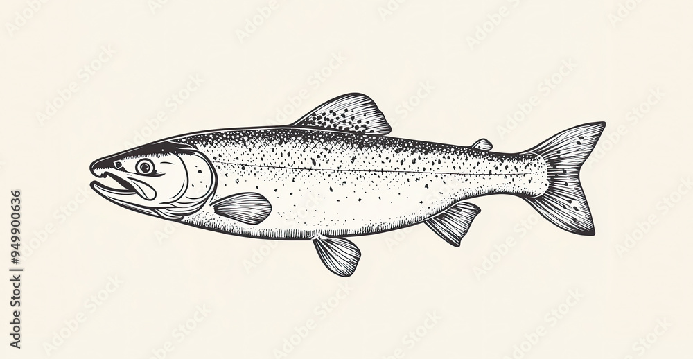 Fish sketch salmon trout. Vintage retro print, black white salmon trout ...