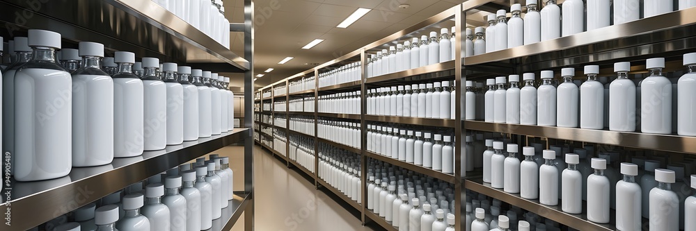 Milk Bottle on Warehouse Rack: Industrial Storage with Clearly Labeled ...