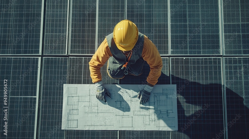 Top view of architectural engineering working on solar panels and his ...