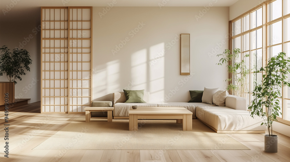 A Japandi-style living space with a light wood floor, simple fabric ...