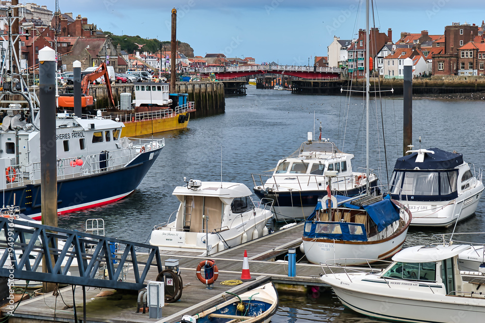 Looking back into Whitby marina seen in September 2020 from a high ...