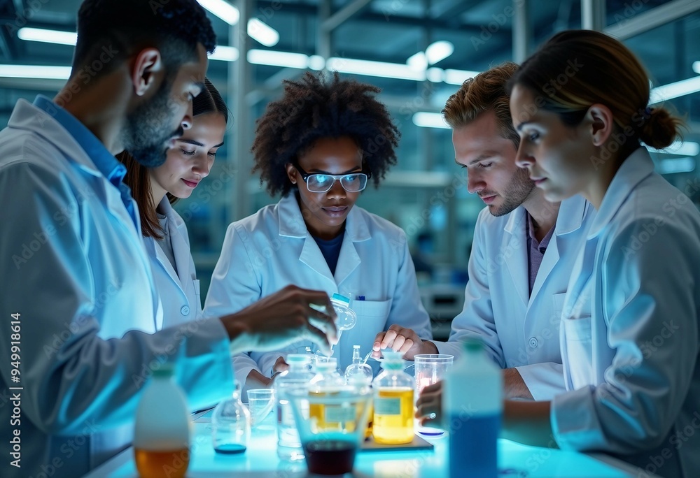 A group of diverse scientists in a high-tech lab, engaged in an experiment filled with curiosity ...