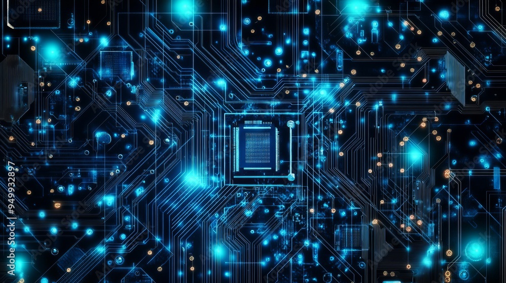 An intricate AI circuit board design with interconnected blue lines and ...