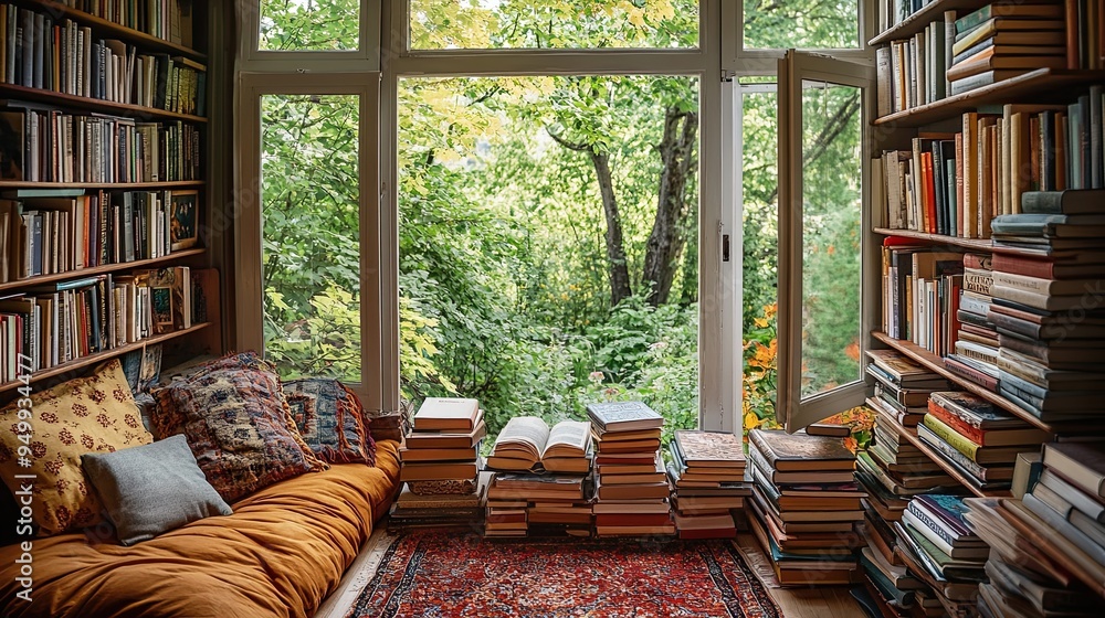 A collage celebrating the joy of reading, featuring stacks of books ...
