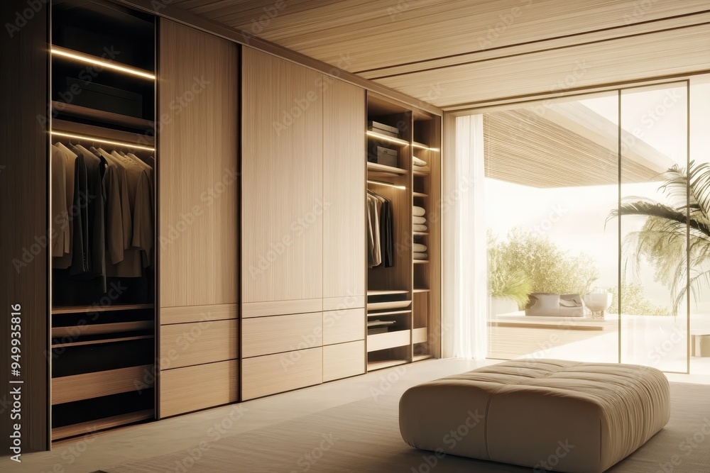 A modern and sleek walk-in wardrobe with sliding glass doors, wooden ...