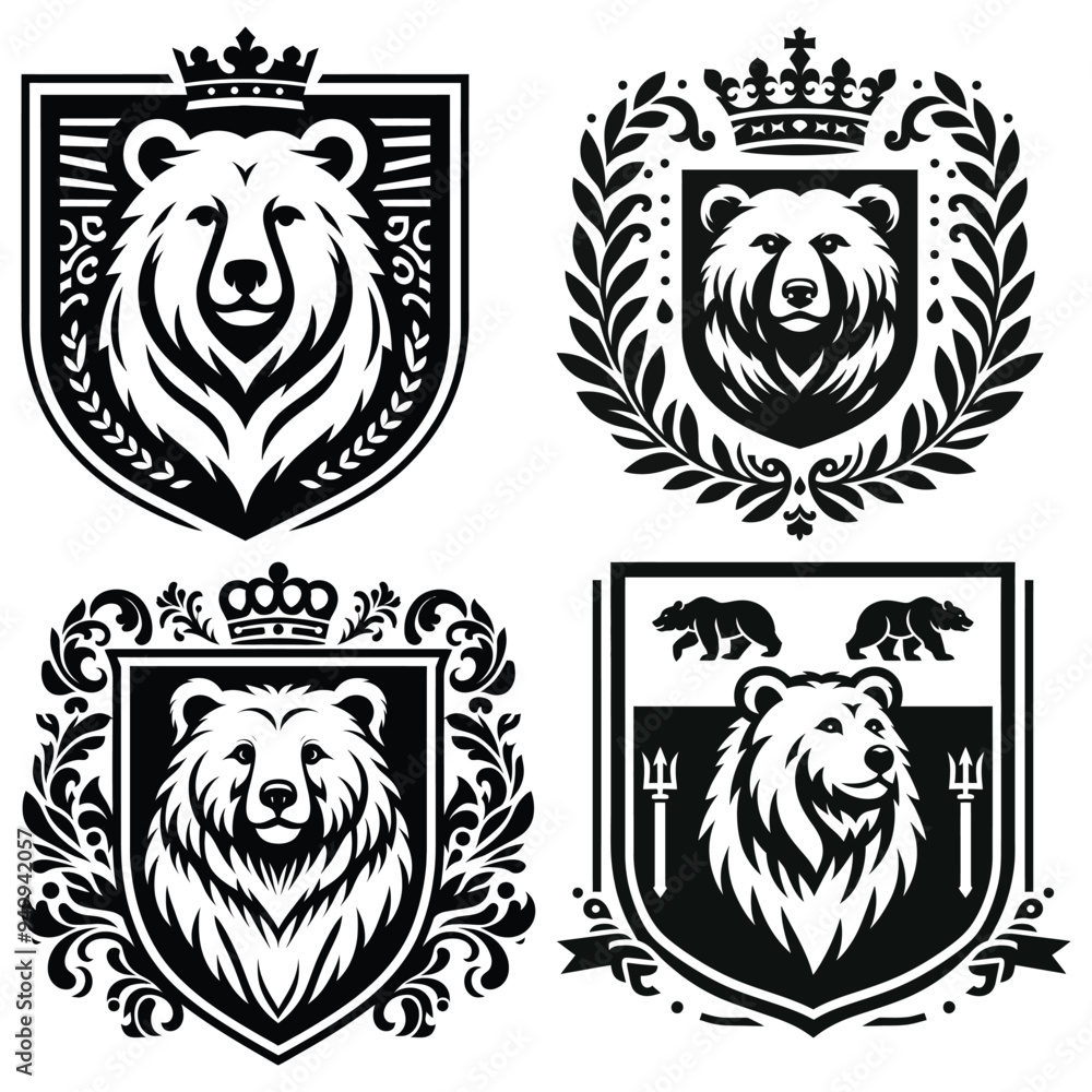 Royal bear emblems vector illustration black and white perfect for logos and heraldry designs ...