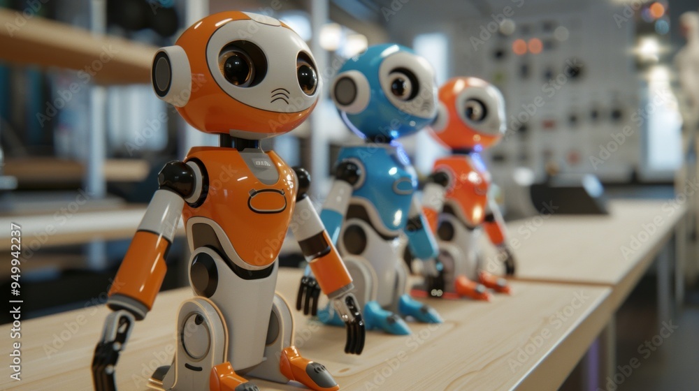 Three friendly robots in a row on a table, with the orange one in focus ...