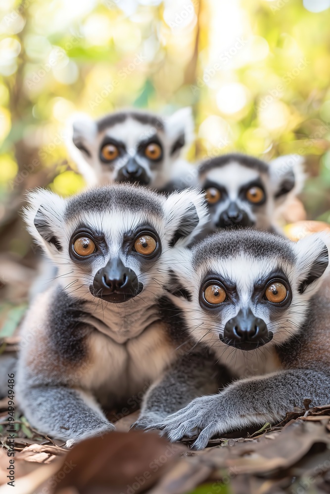 Curious ring-tailed lemurs kitta huddle together, their wide amber eyes ...