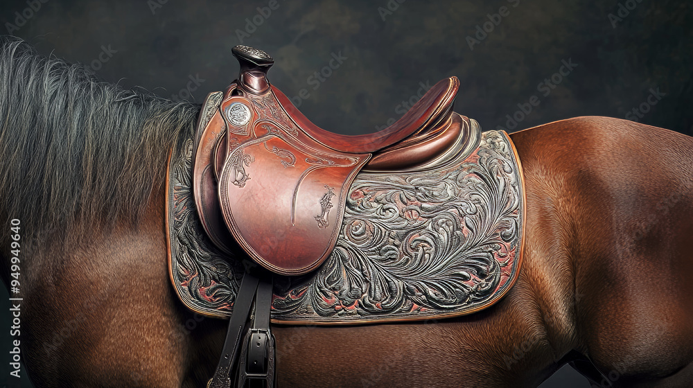A saddle with stirrups on the back of a stallion, featuring the back of ...