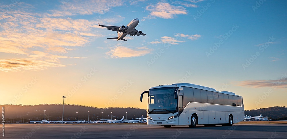 Airplane Taking Off Above Coach Bus at Sydney Airport Stock Photo ...