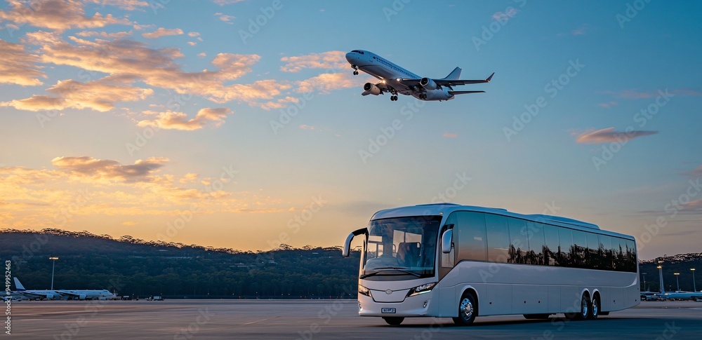 Airplane Taking Off Above Coach Bus at Sydney Airport Stock Photo ...