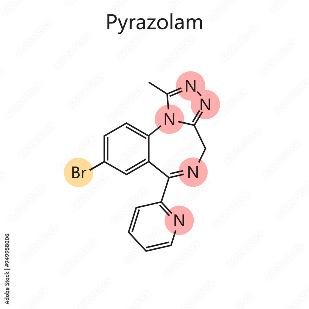 Chemical organic formula of Pyrazolam diagram hand drawn schematic ...