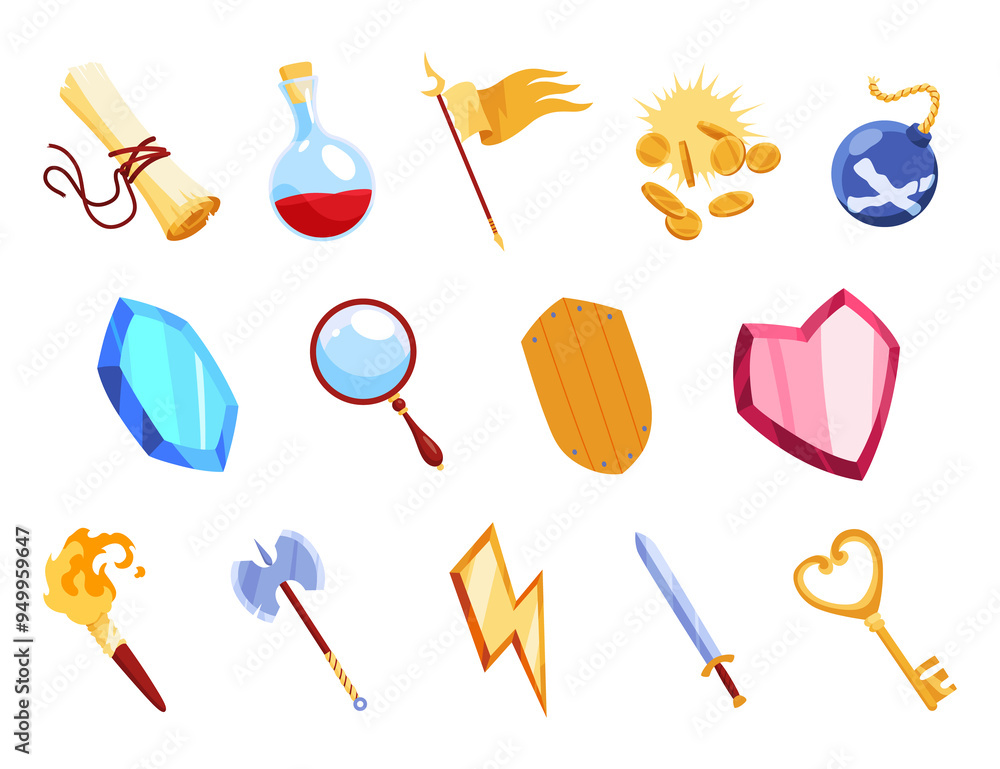 Game icons with heart, lightning, key, gold cup and star. cartoon set ...