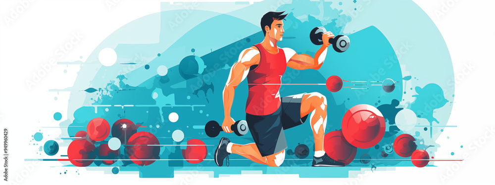 Dynamic Fitness Illustration with Male Figure Lunging with Dumbbells ...