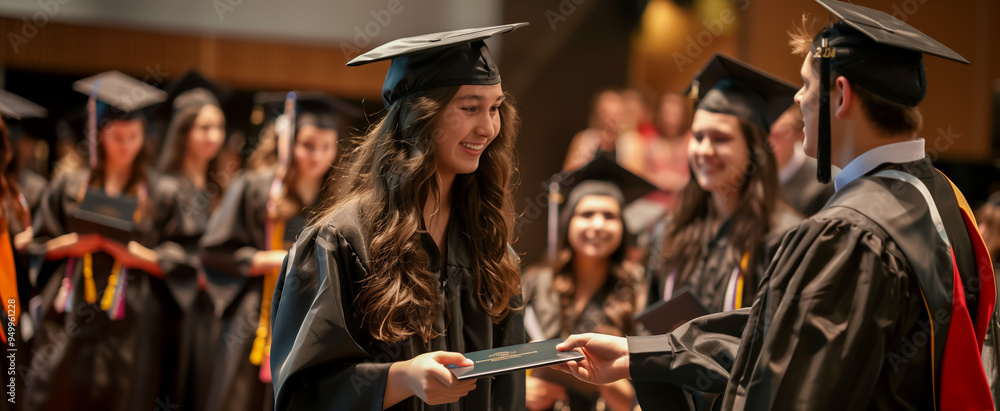 Smiling graduates receiving diplomas during a graduation ceremony Stock ...
